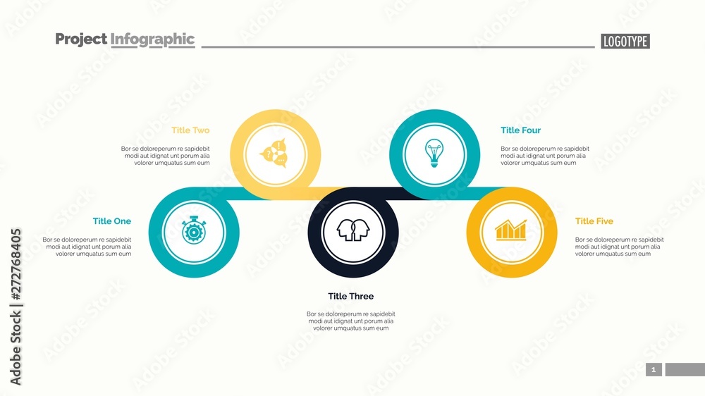 Five circles process chart slide template. Business data. Point ...