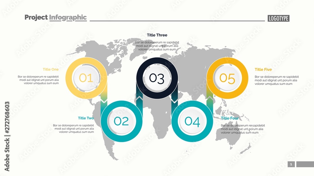 Five options process chart slide template. Business data. World map ...