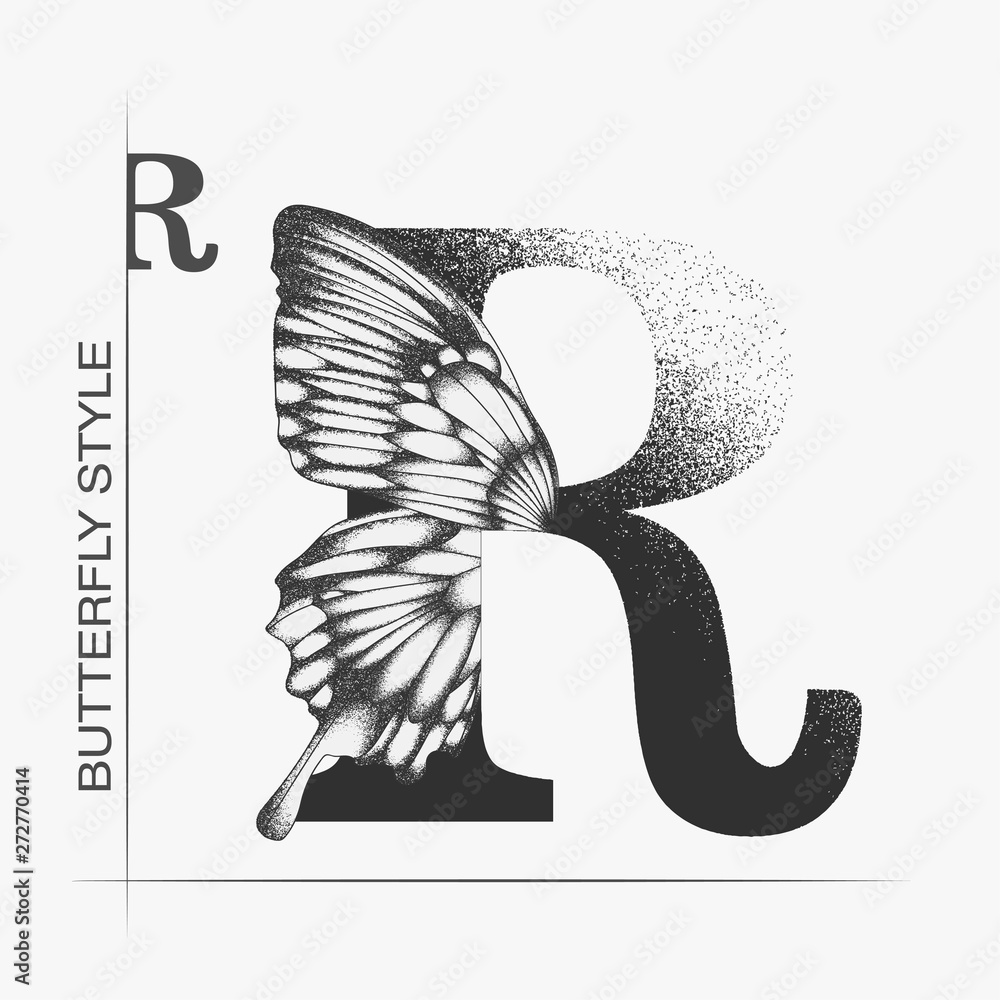 Vecteur Stock Letter R with butterfly silhouette. Monarch wing ...