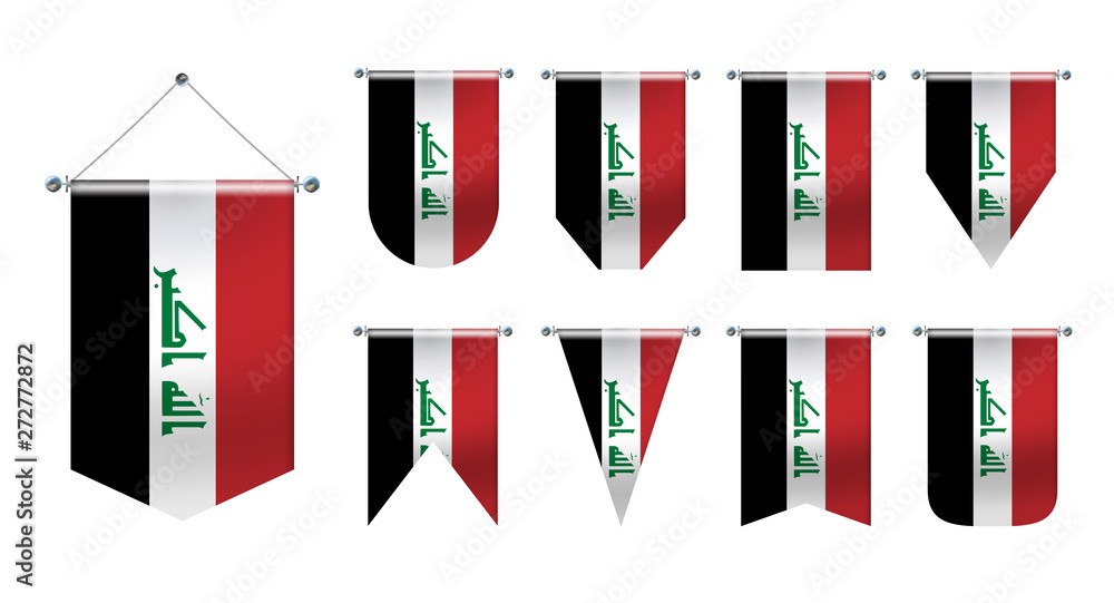 Set of hanging flags of the IRAQ. Diversity shapes of the national flag ...