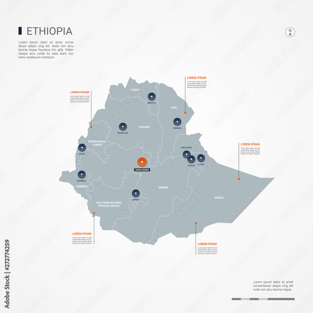 Ethiopia map with borders, cities, capital and administrative divisions ...