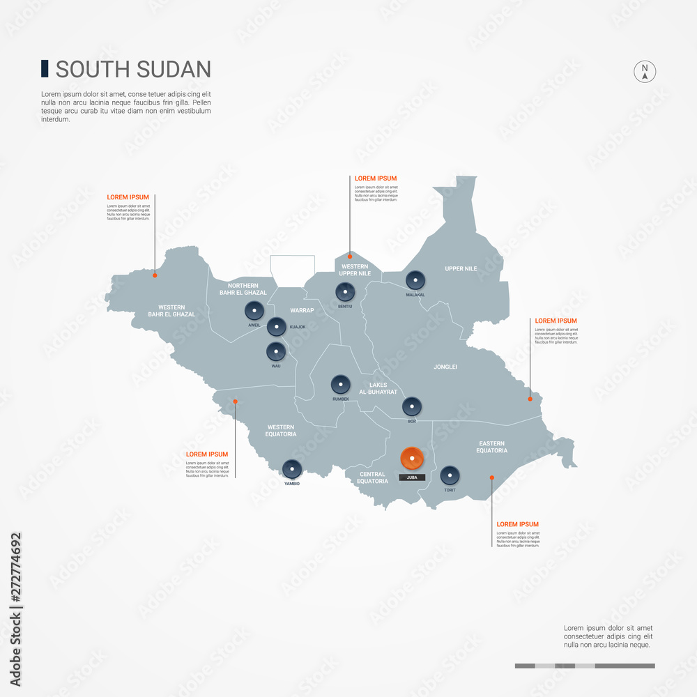 South Sudan map with borders, cities, capital and administrative ...