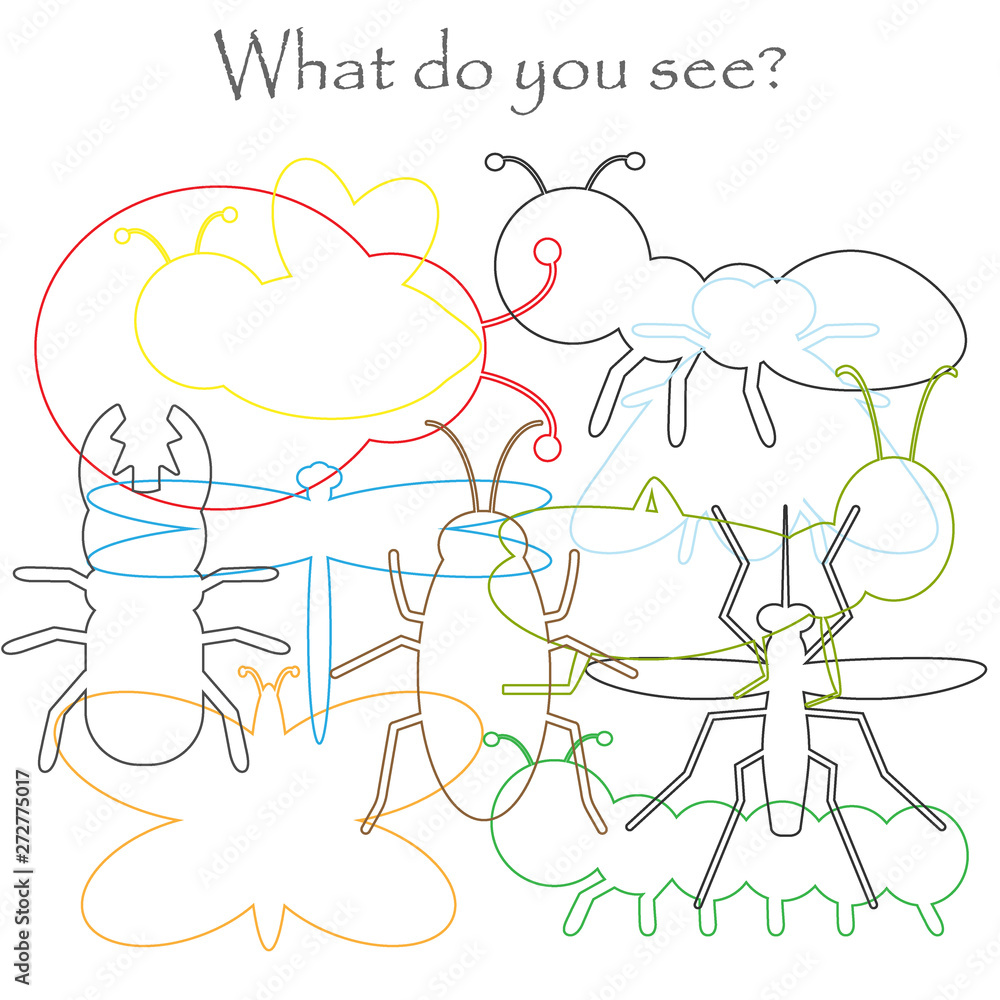 Find hidden objects on the picture, insects theme, mishmash contour set ...