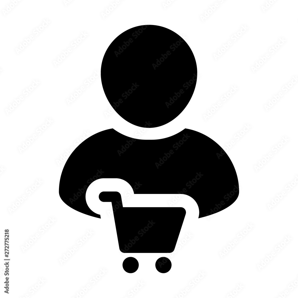 Basket icon vector with male customer person profile avatar symbol for ...