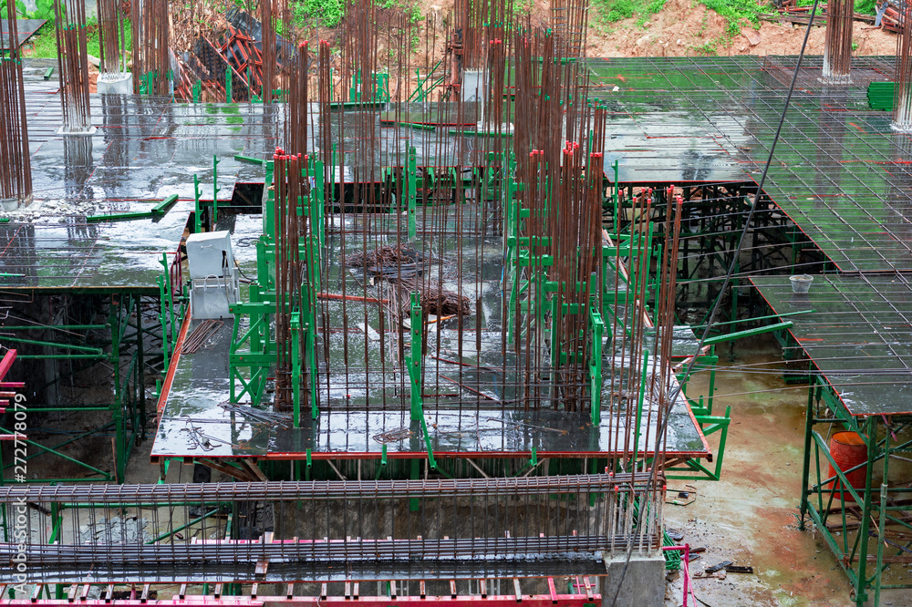 Aerial view of construction site ..Steel foundation of high rise ...