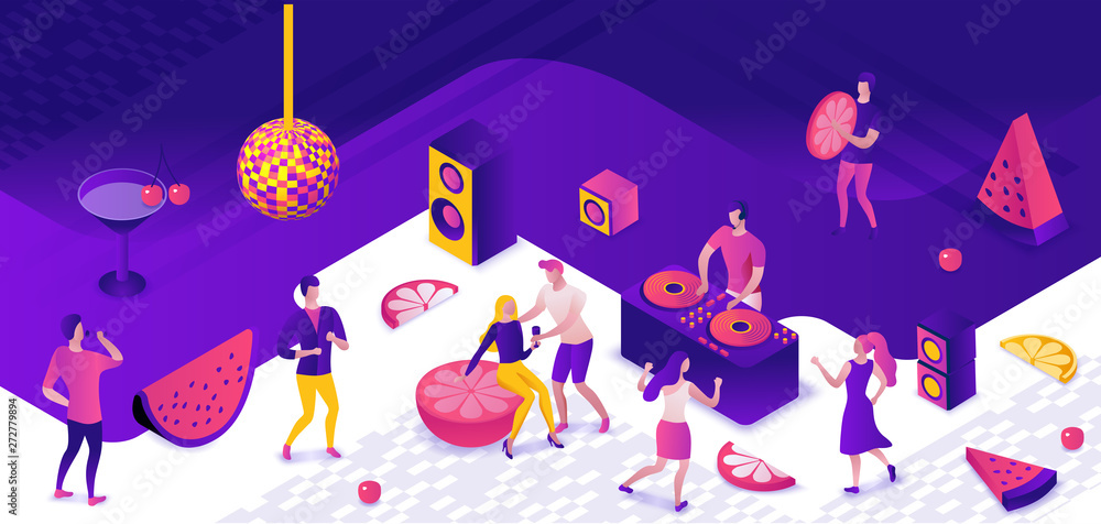 Party isometric concept, dj playing club disco music, 3d vector ...