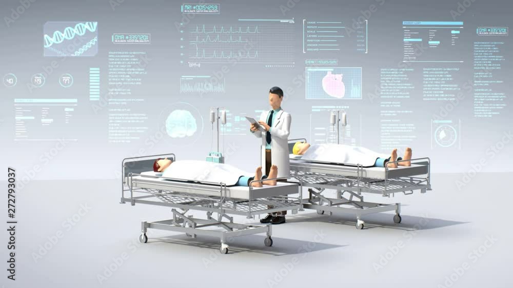 Doctors diagnosing patients using advanced future medical technology ...
