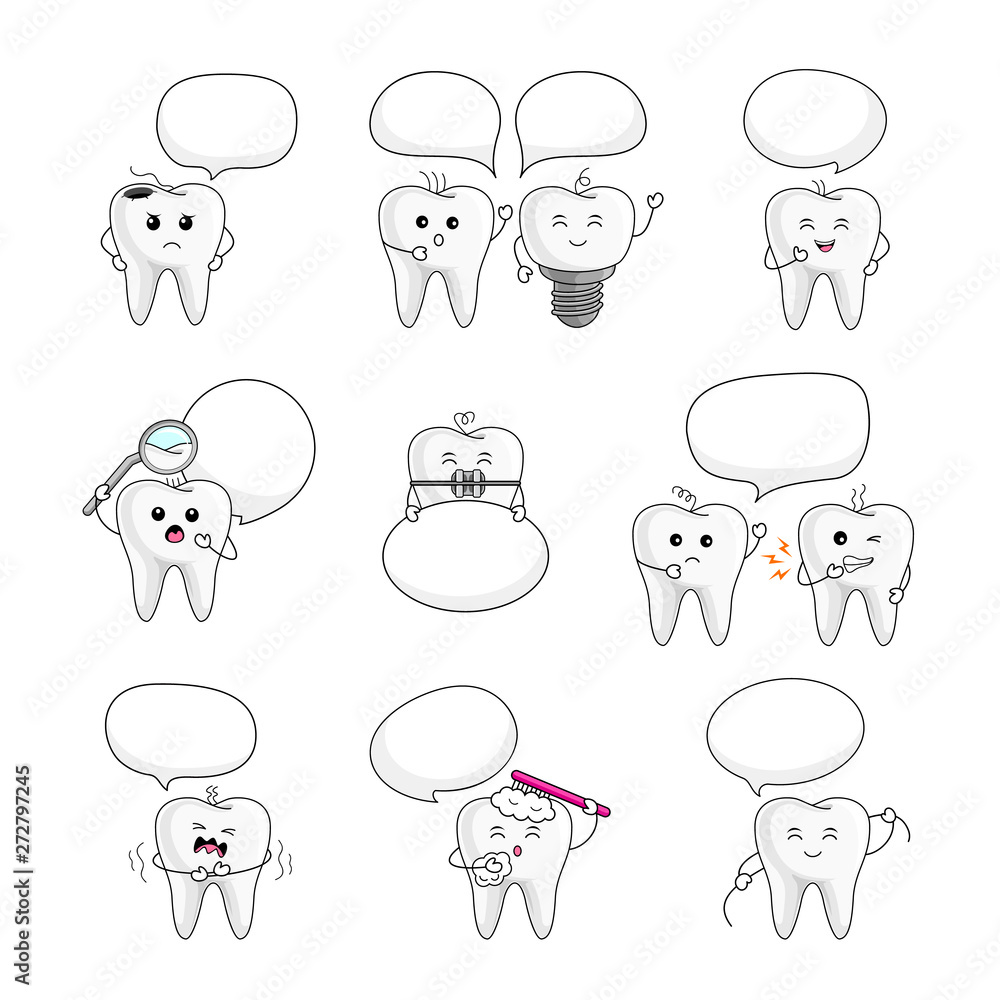 Set of cute cartoon tooth character with speech bubbles in different ...