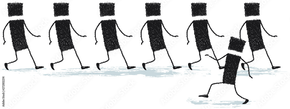 Walking in the opposite direction, isolated on white background ...