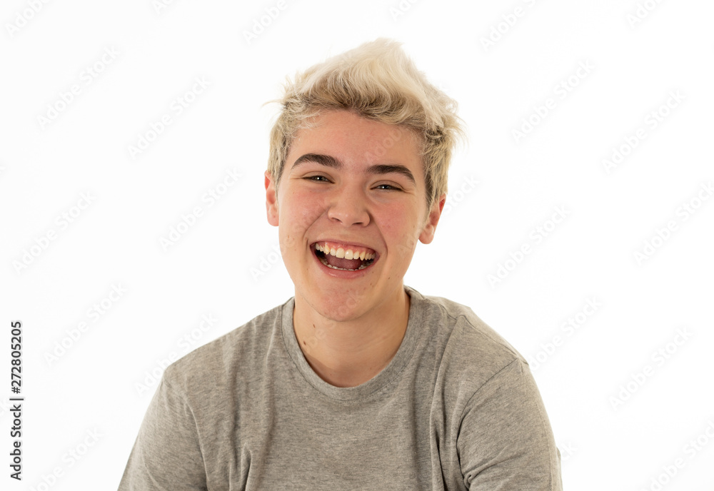 Portrait of attractive cheerful transgender young man with smiling ...
