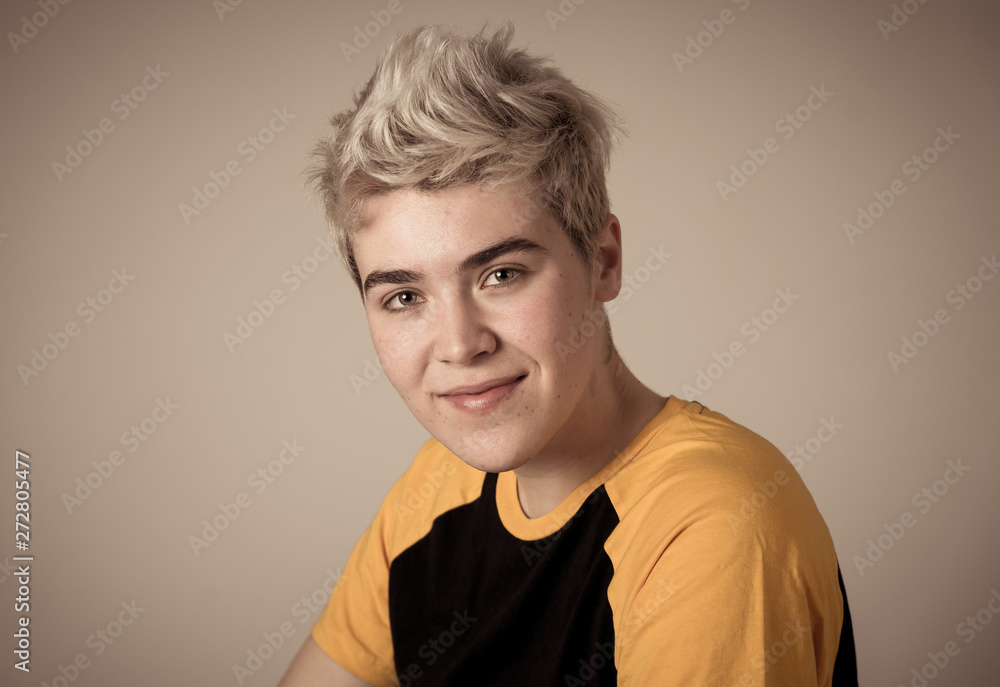 Beauty portrait of handsome young transgender teenager man model posing ...