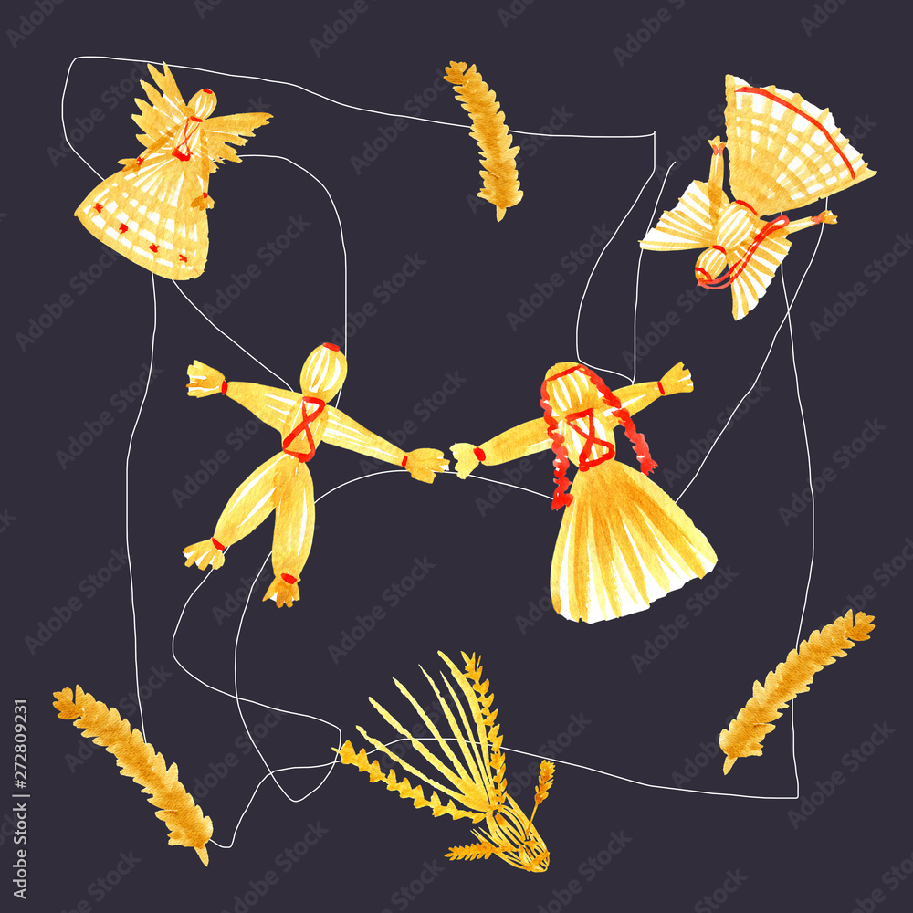 Straw dolls set. Hand drawn watercolor illustration straw toys of hay ...