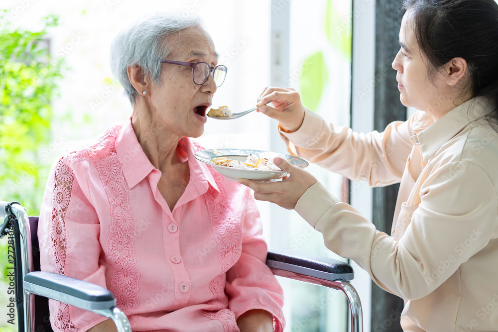 Young female caregiver or daughter feeding senior woman or mother in ...