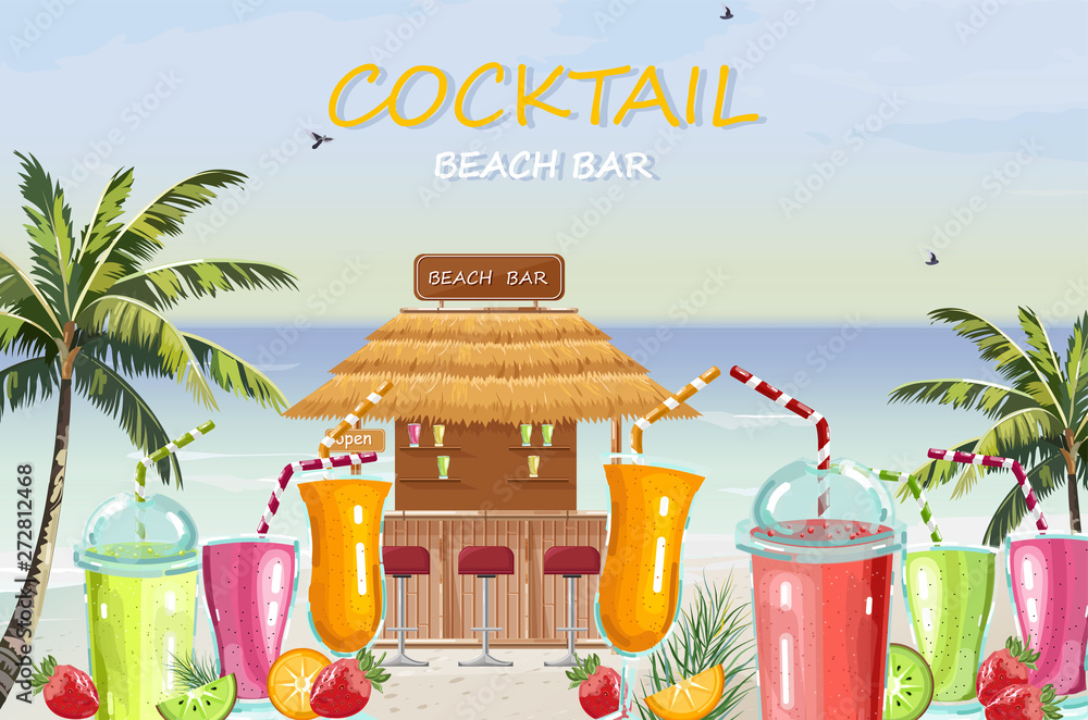 Beach bar cocktail drinks Vector. Fresh juicy smothies and beverages ...