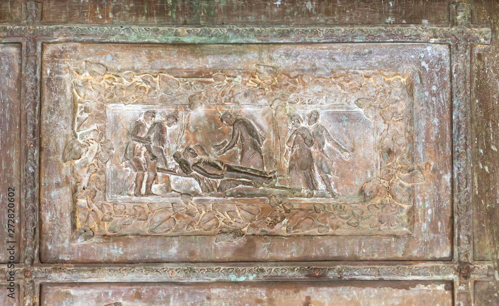 Bas-relief with scenes from the Bible on the massive decorated front ...