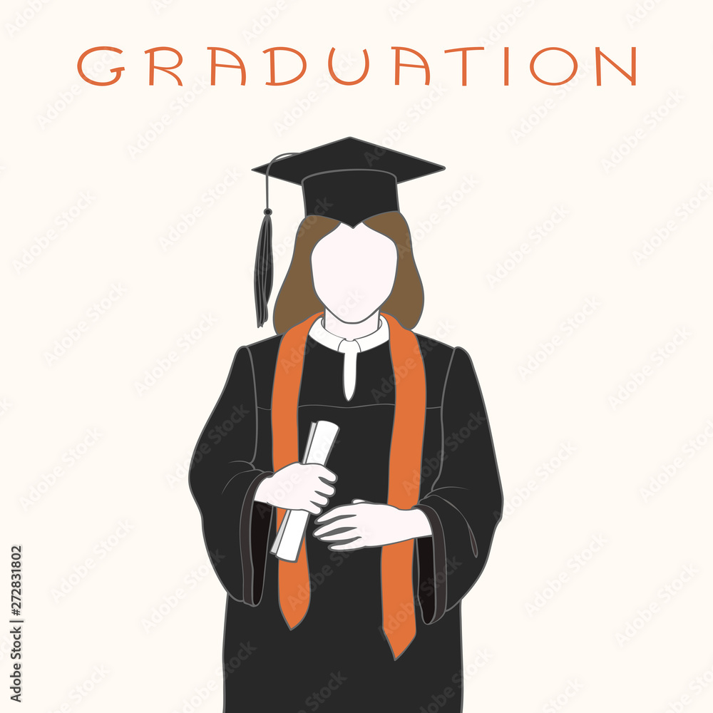 Faceless girl in graduation gown in cap and with a diploma in hands ...