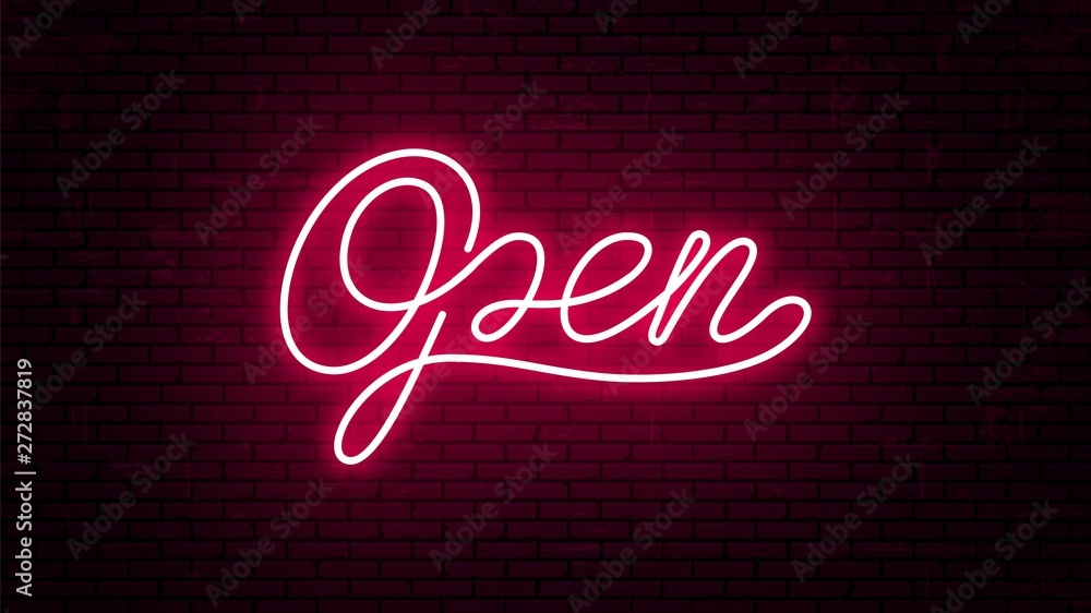 Open, bright red neon inscription for signboard. Ready neon sign ...