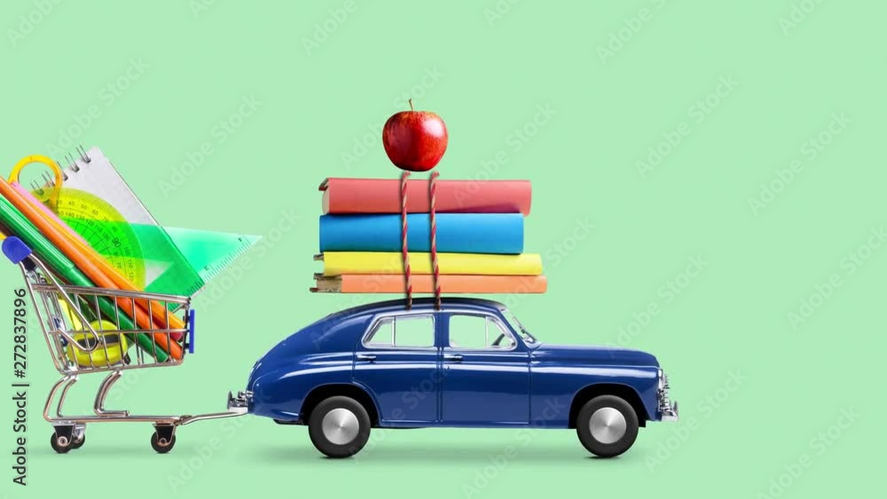 Back to school. Car delivering books, shopping cart with stationery and ...