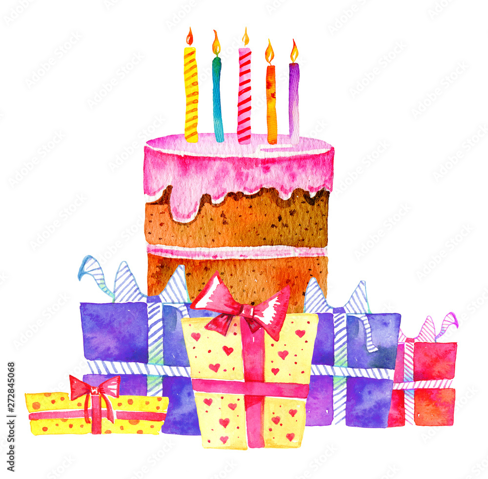 Birthday cake with candles and different gift boxes. Hand drawn cartoon ...