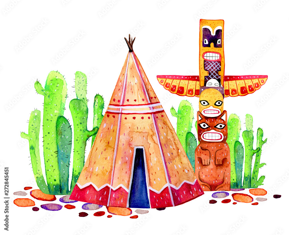 Native American tradition settlement. Tipi, totem pole and cactuses ...