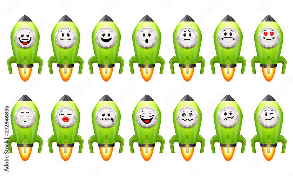 Vector set of rocket emoticons. Collection of characters of spaceship ...