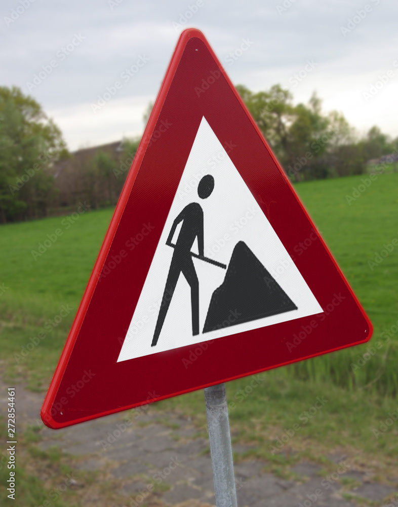Dutch Sign roadwork Netherlands. Road warning sign. Men at work. Werk ...