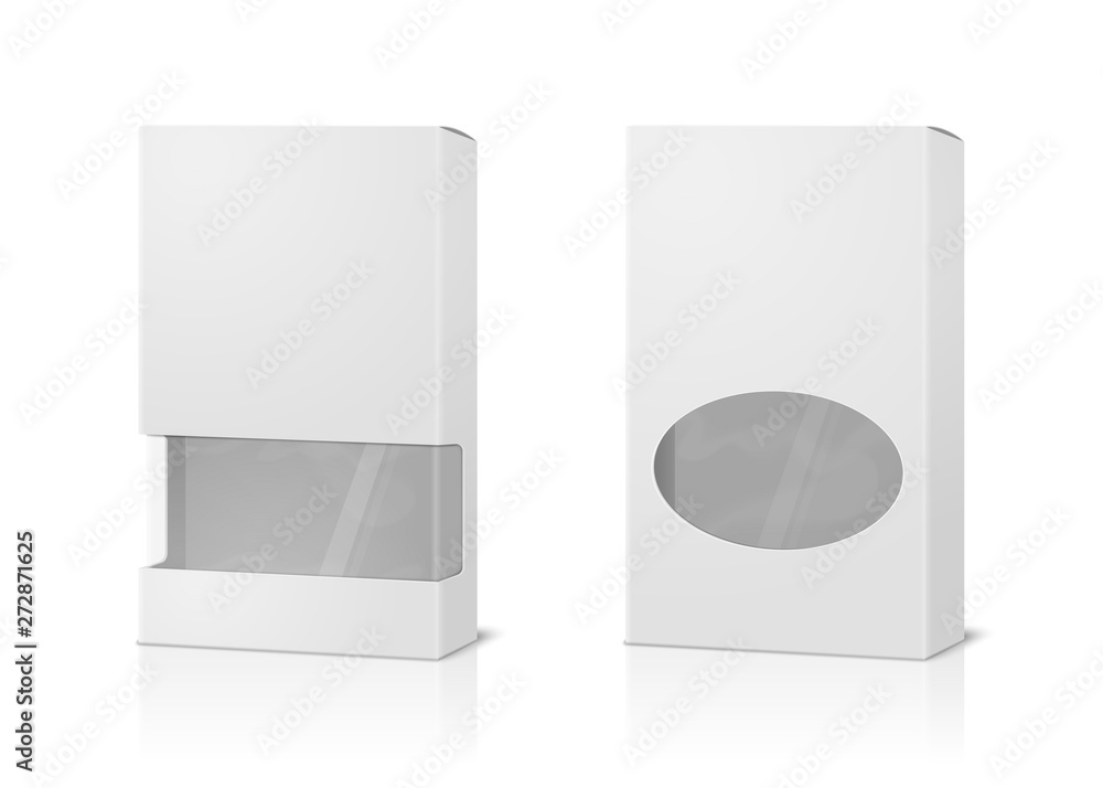 Vector realistic 3d tall paper boxes, blank and with transparent ...