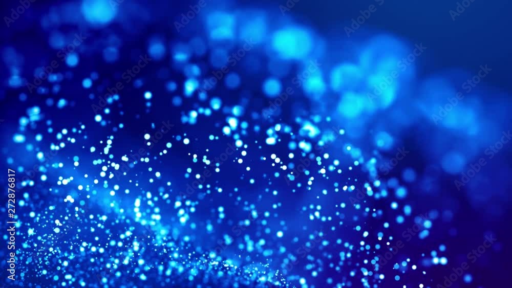 Magic blue glowing particles flow in viscous liquid and bright glisten ...