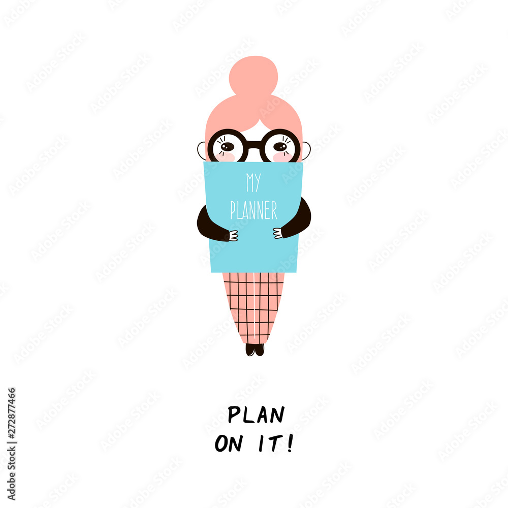 Time management flat vector banner concept. Kawaii little girl in ...