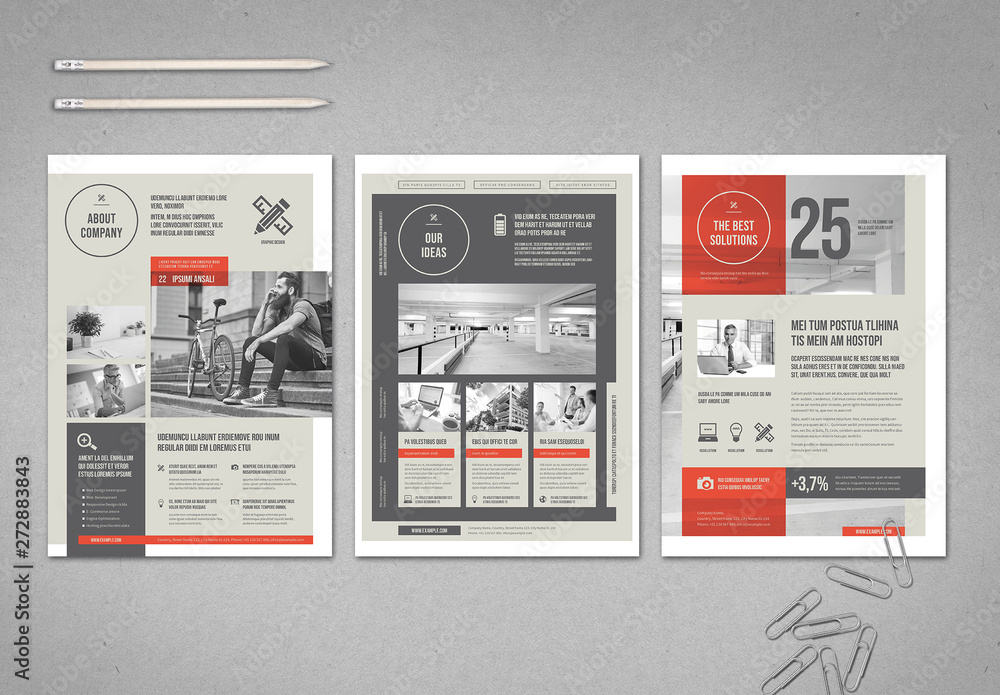 Gray and White Flyer with Red Accents Stock Template | Adobe Stock