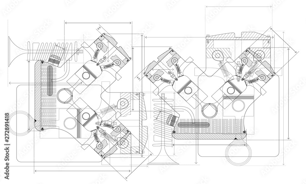 Vector background of the car engine and its components can be used as a ...