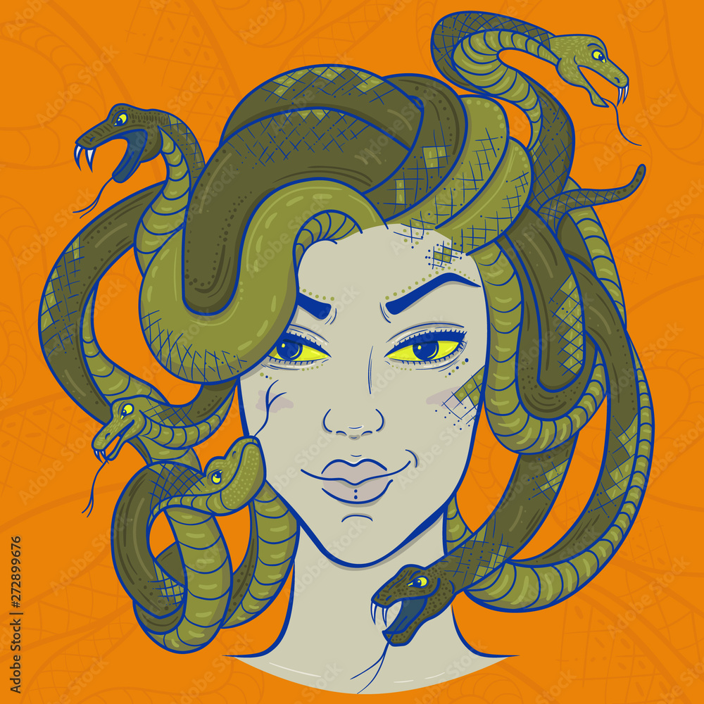 Head of Medusa gorgon with snake hair. Smiling portrait. Vector ...