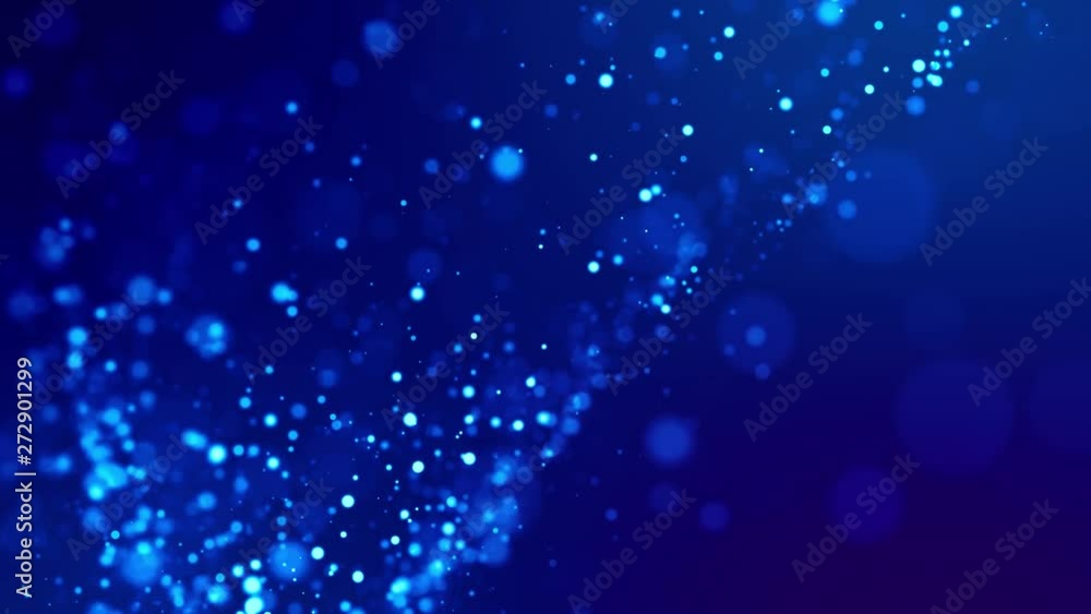Magic blue glowing particles flow in viscous liquid and bright glisten ...