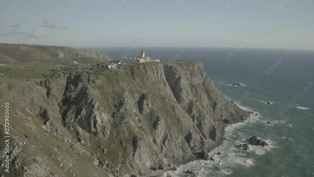 Cabo da Roco, Sintra, Portugal, cliff lighthouse, 4k aerial ungraded ...