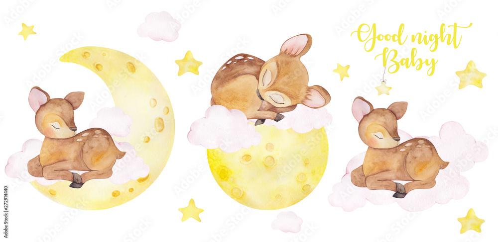 watercolor cute deer, sleeping on the moon, with clouds and ster, hand ...