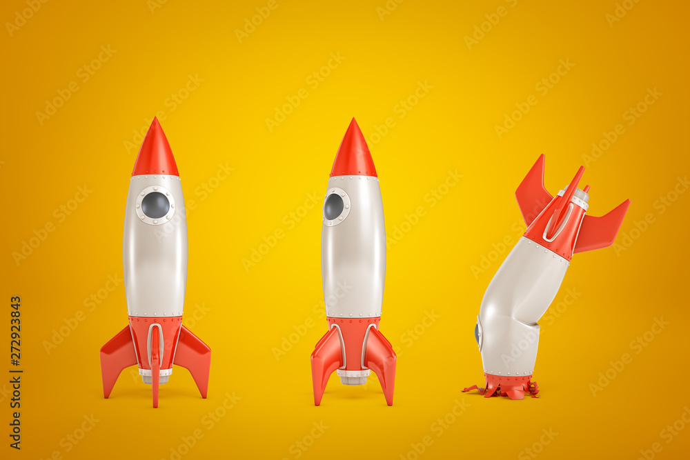 3d rendering of three rocketships in row, two standing upright, and one ...