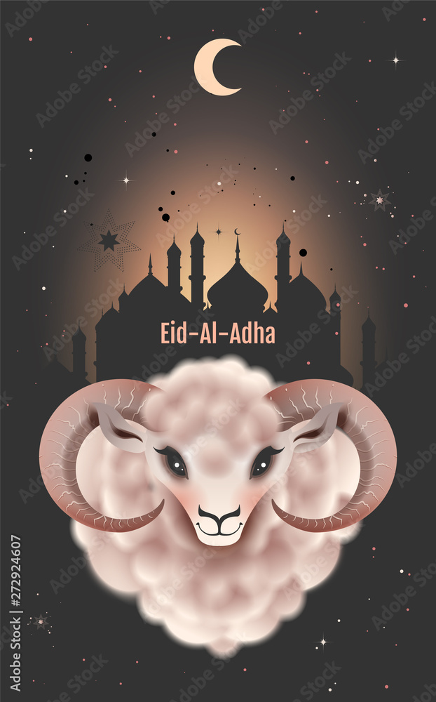 Eid al Adha greeting card for Feast of Sacrifice. Ram head on ...