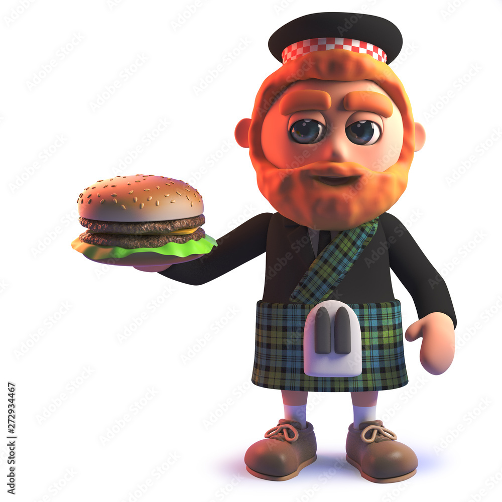 3d cartoon Scottish man in kilt eating a cheese burger Stock ...