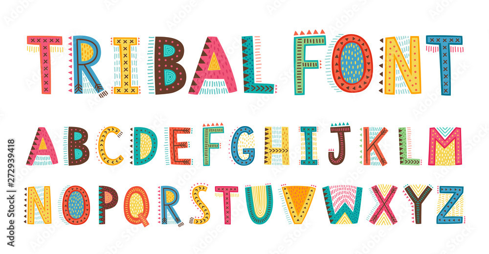 Tribal cute alphabet font. Uppercase doodle Letters. Stock Vector ...