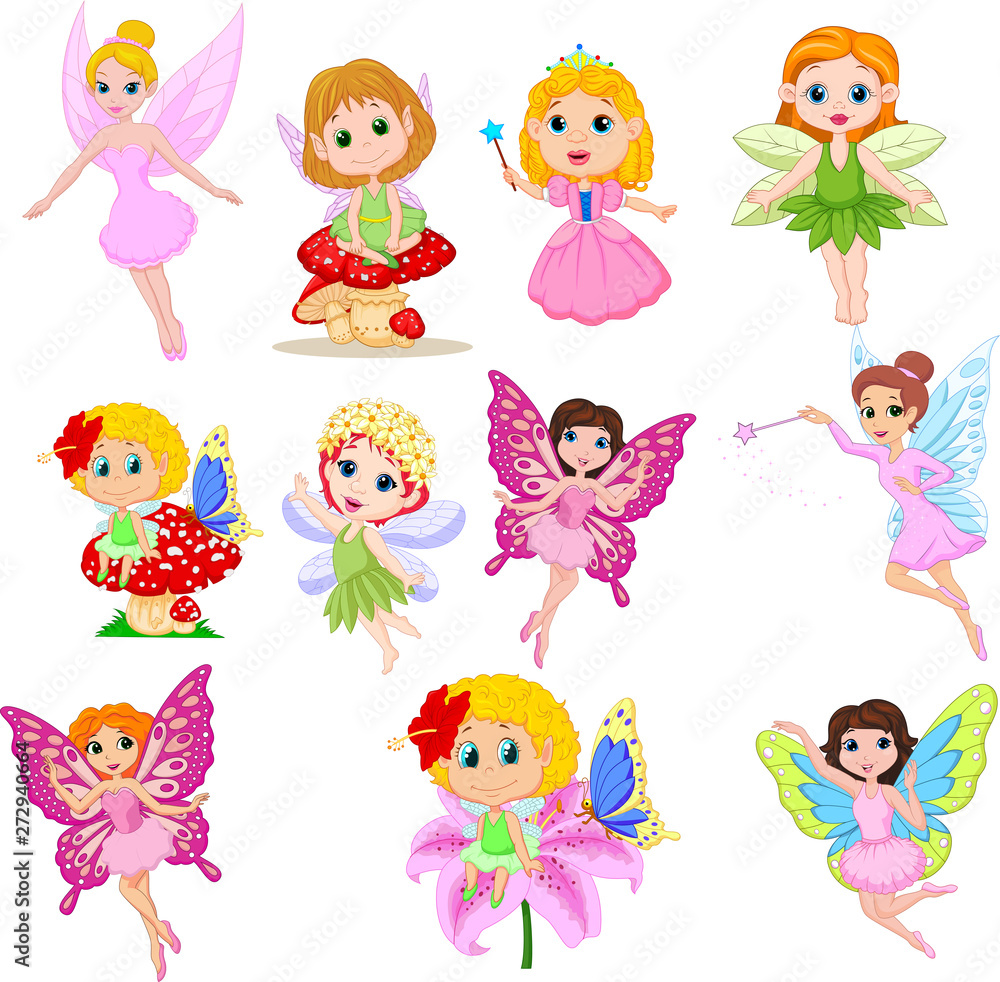 Set of cute beautiful fairies cartoon isolated on a white background ...