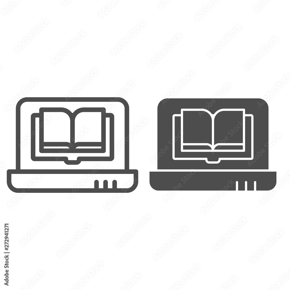 Laptop book line and glyph icon. Book on computer vector illustration ...