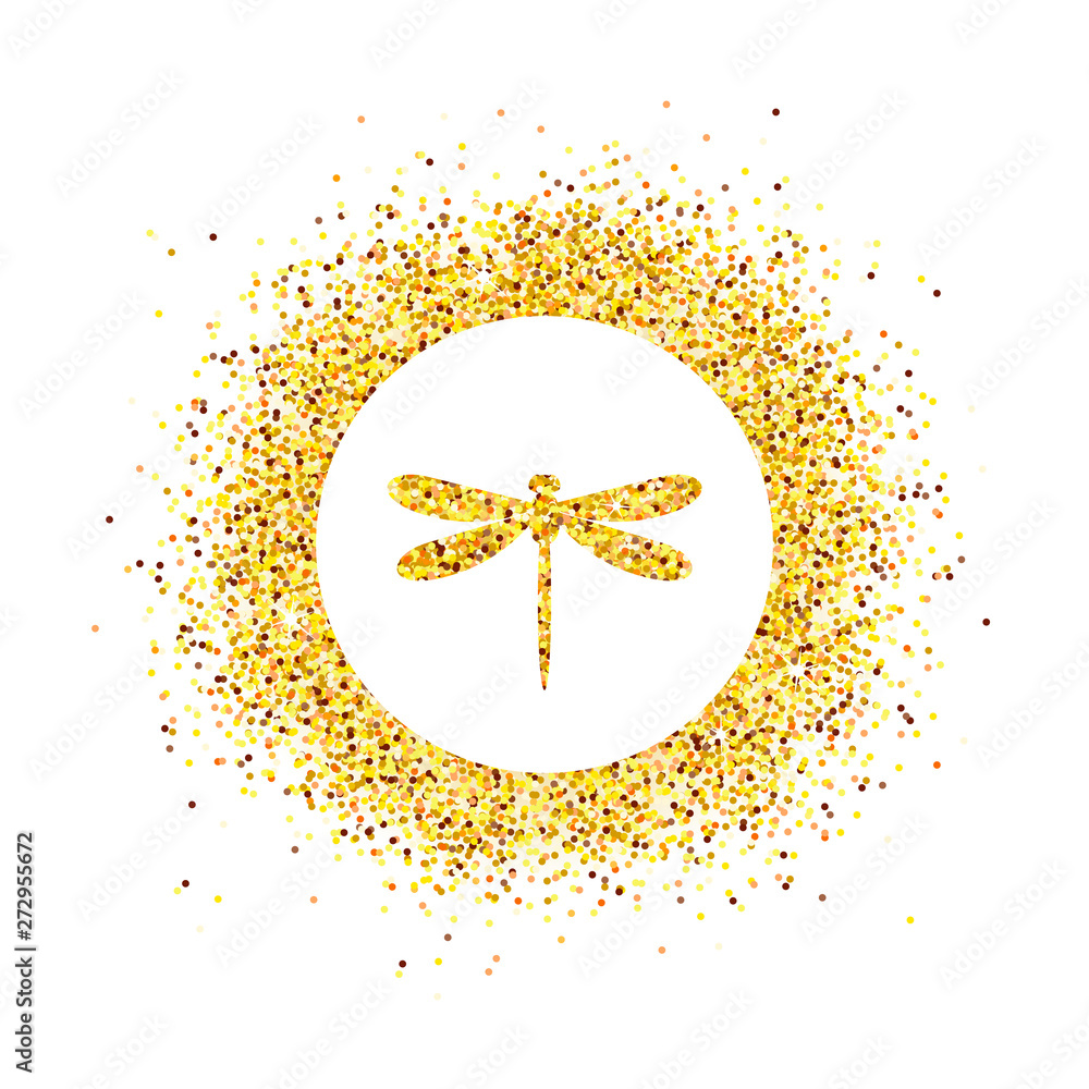 Vector illustration of dragonfly in golden circle frame with sparkles ...