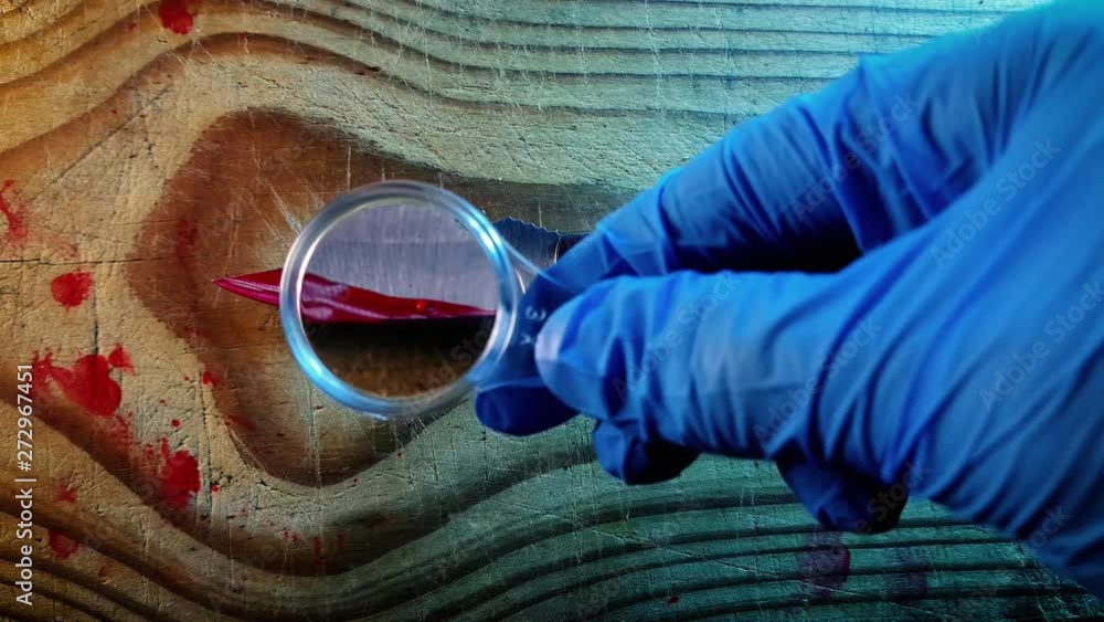 Crime knife murder scene investigation. Blood stained knife ...