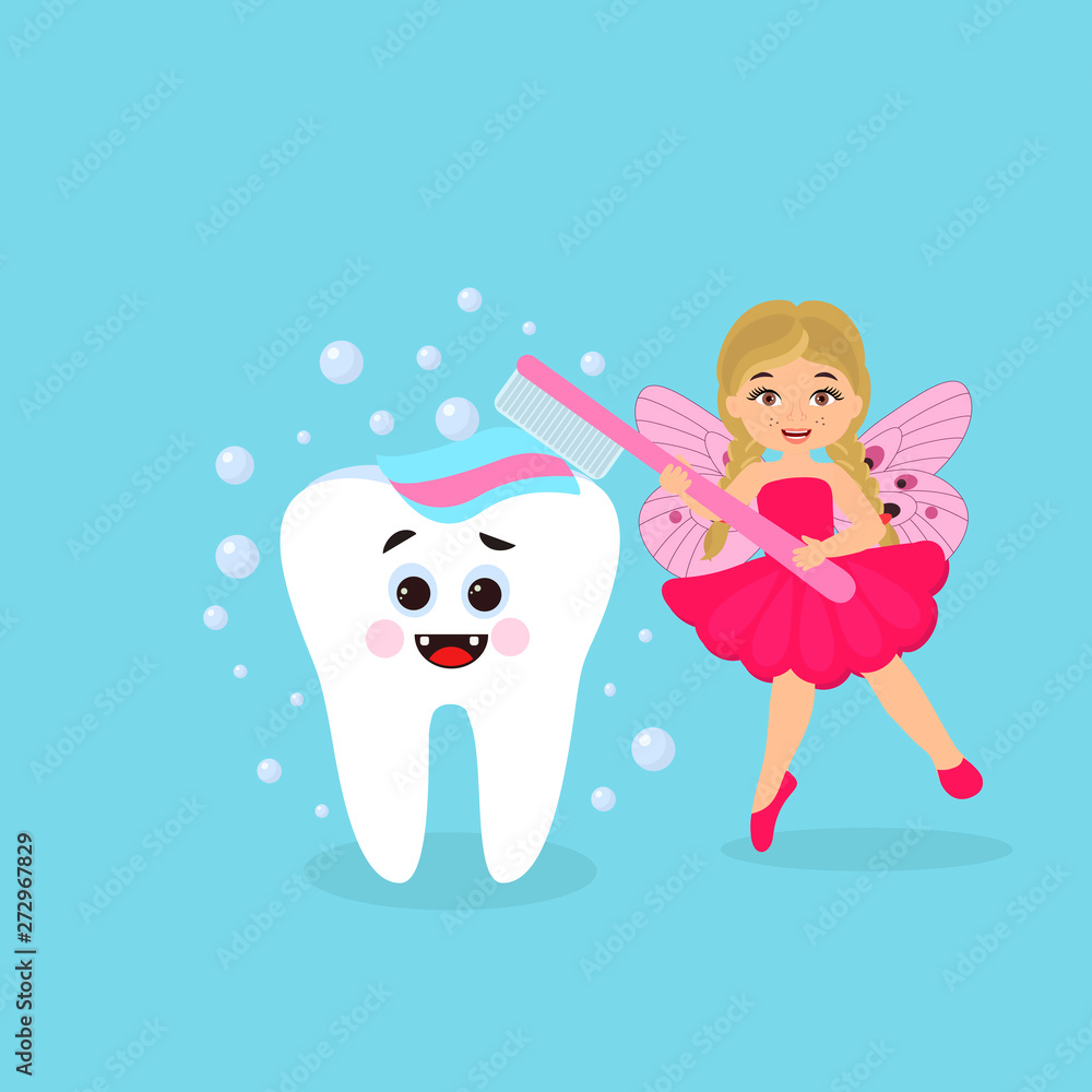 Cute tooth fairy girl with toothbrush, cartoon character. Dental ...