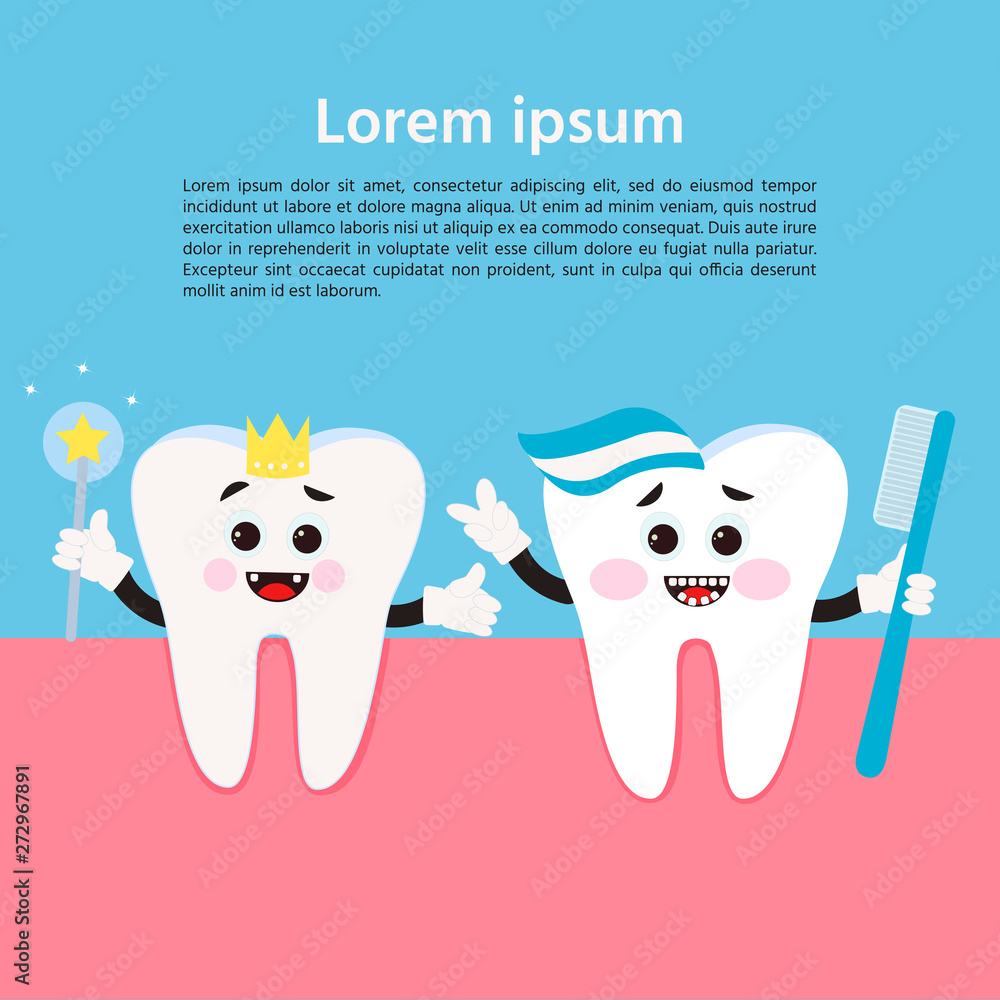 Poster, banner with two cute tooths with toothbrush and magic wand ...