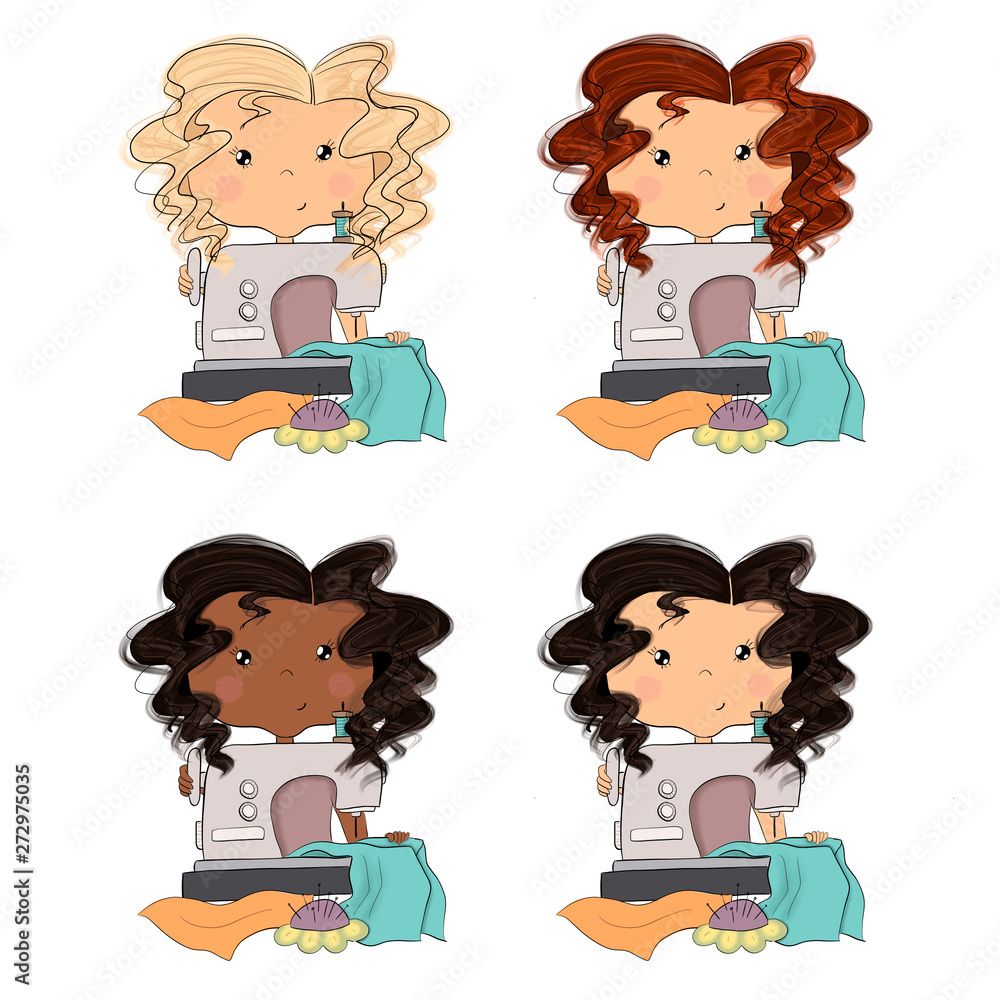 Set Girls Working On A Sewing Machine Isolated On A White Background ...