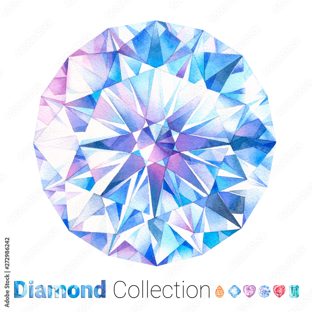 Watercolor jewelry set. Hand drawn watercolor diamonds. Isolated luxury ...