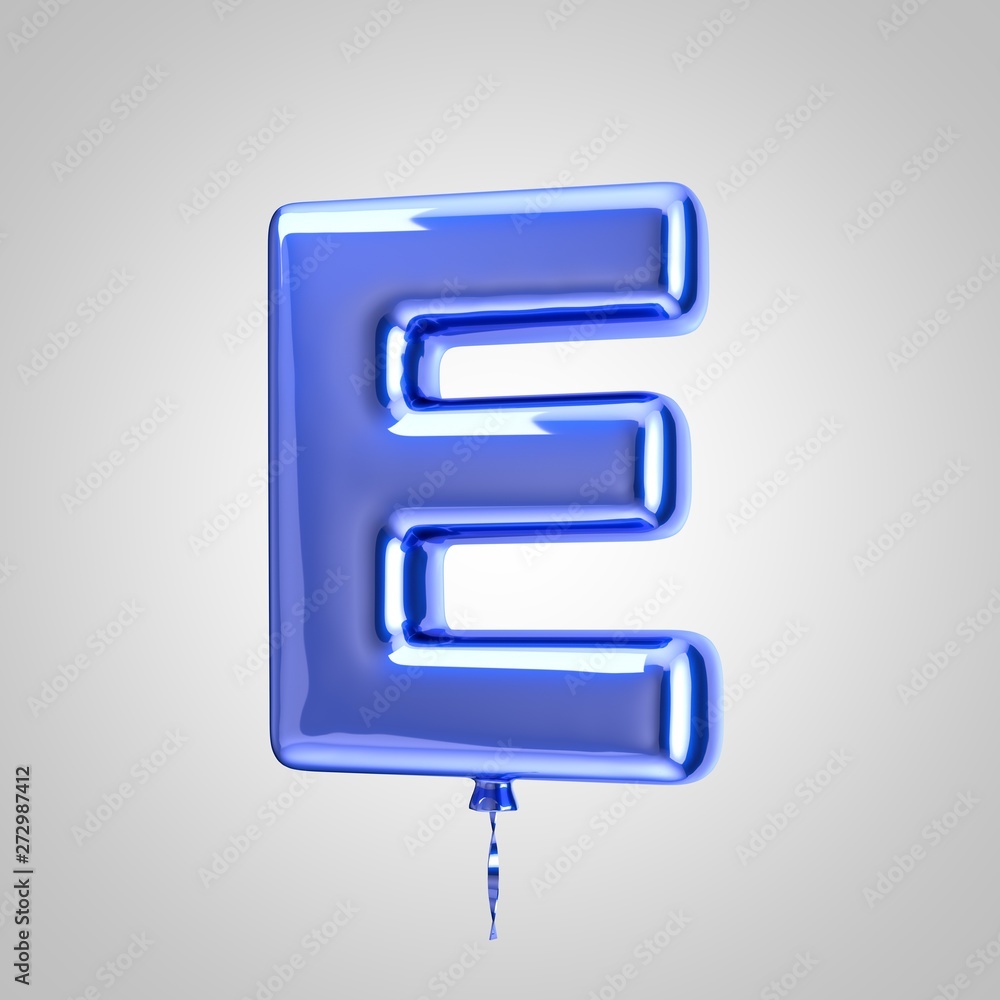 Shiny metallic blue balloon letter E uppercase isolated on white ...