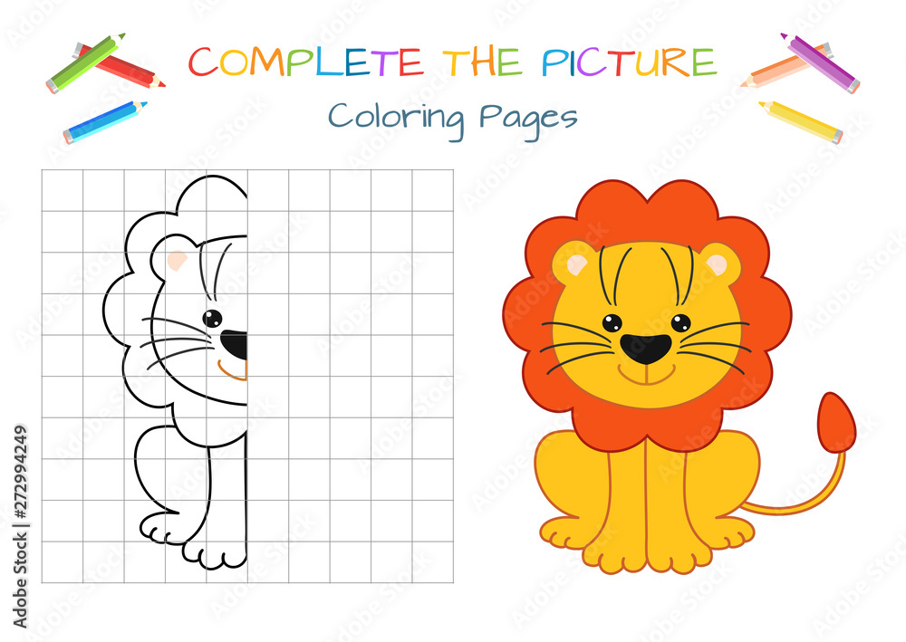 Funny little lion cub. Copy the picture. Coloring book. Educational ...