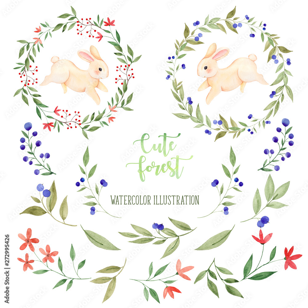 Cute forest bunny, watercolor illustration with animals and floral ...